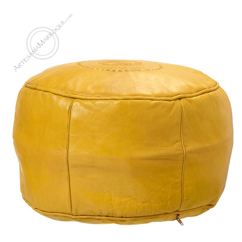Plain yellow leather pouffe| kinamour.com