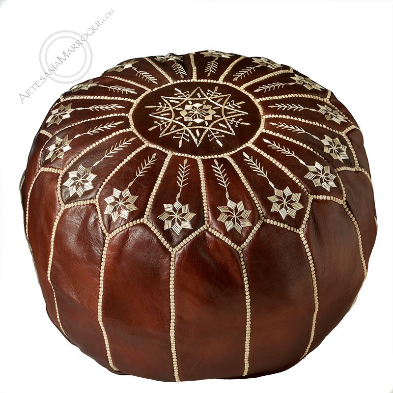 Cognac embroidered leather pouf | kinamour.com