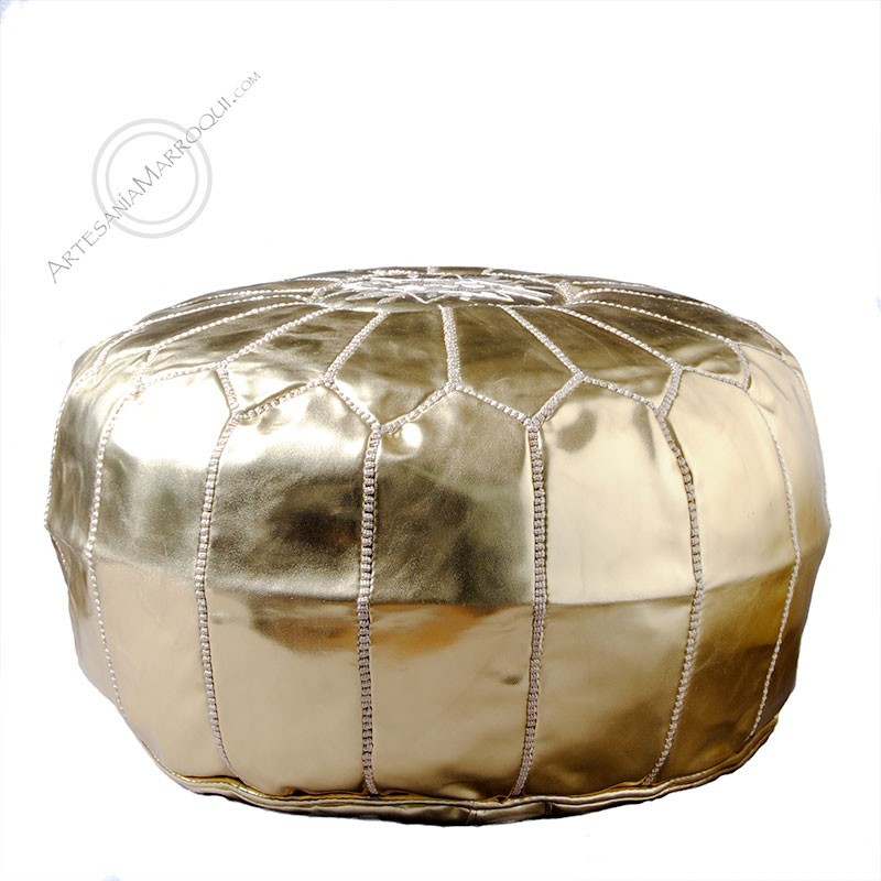 Puff de cuero dorado con bordados | artesania-marroqui.com